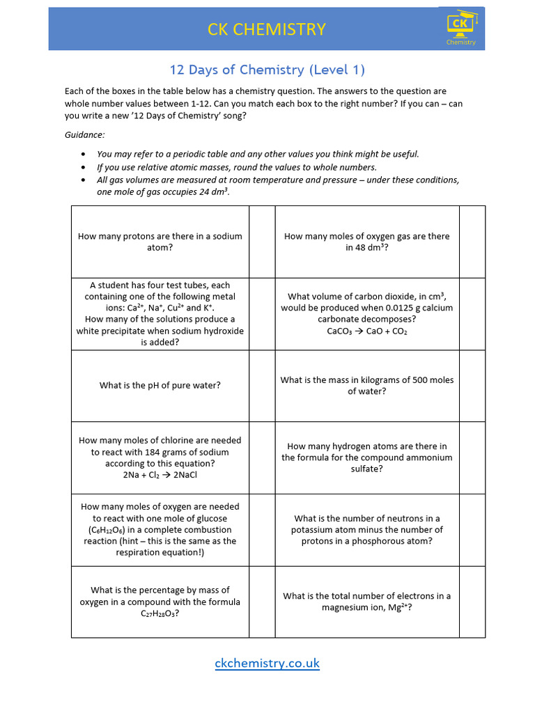 12 Days of Chemistry Questions & Answers | PDF | Chemistry | Chemical ...