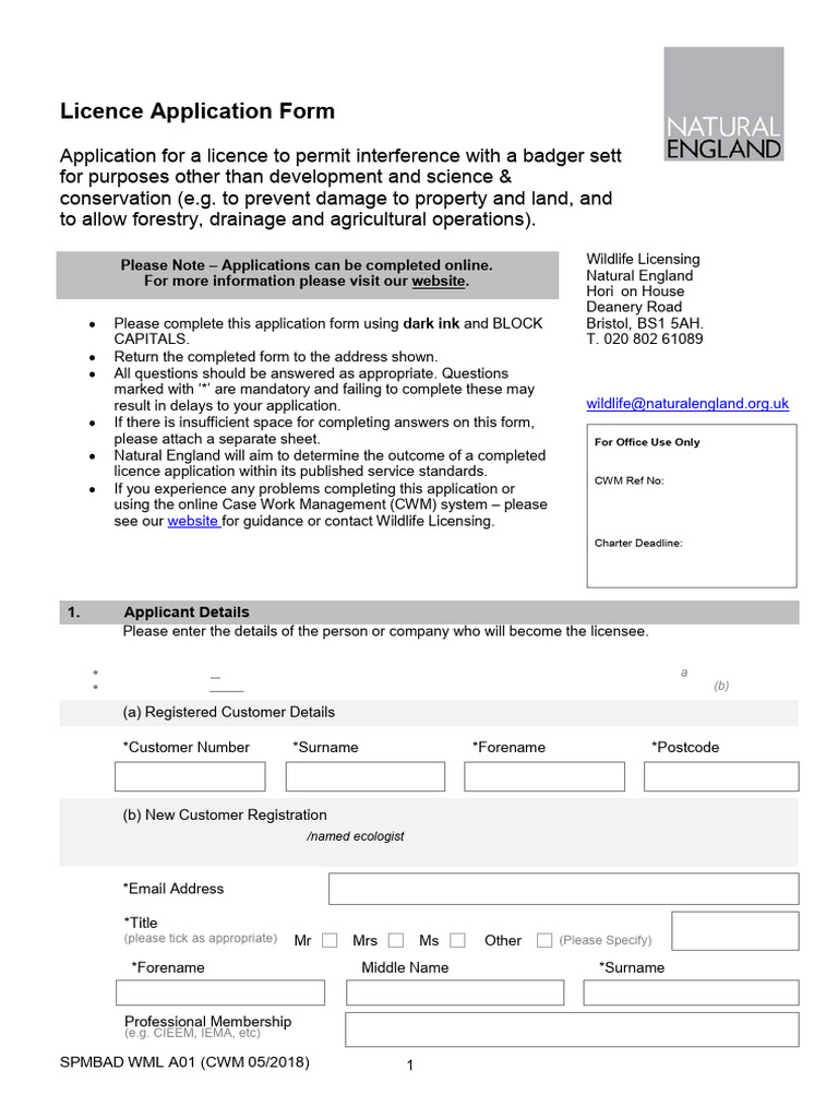 Badger Licence Application Form | PDF | License