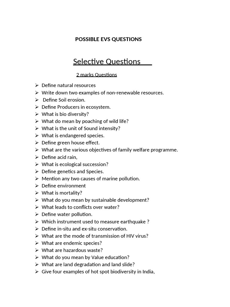 Possible Evs Questions With Answer (1) | PDF | Biodiversity | Pollution