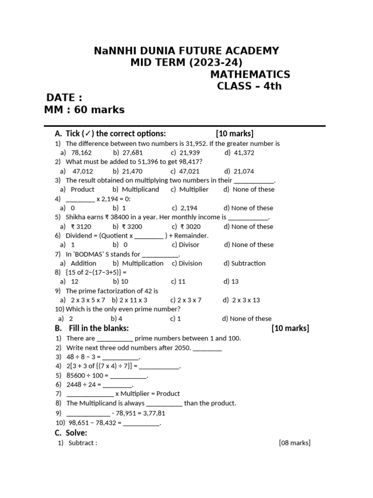 Class 4 Math Midterm Exam | PDF | Subtraction | Multiplication