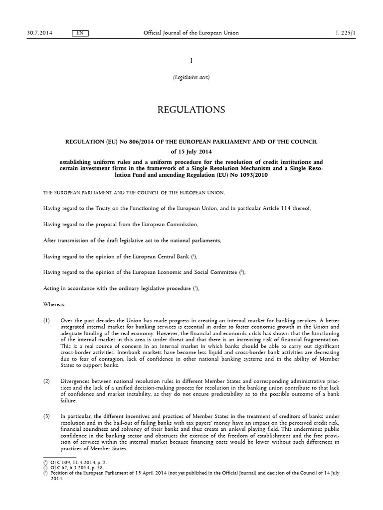 SRMR 806_2014 | PDF | European Union | European Central Bank