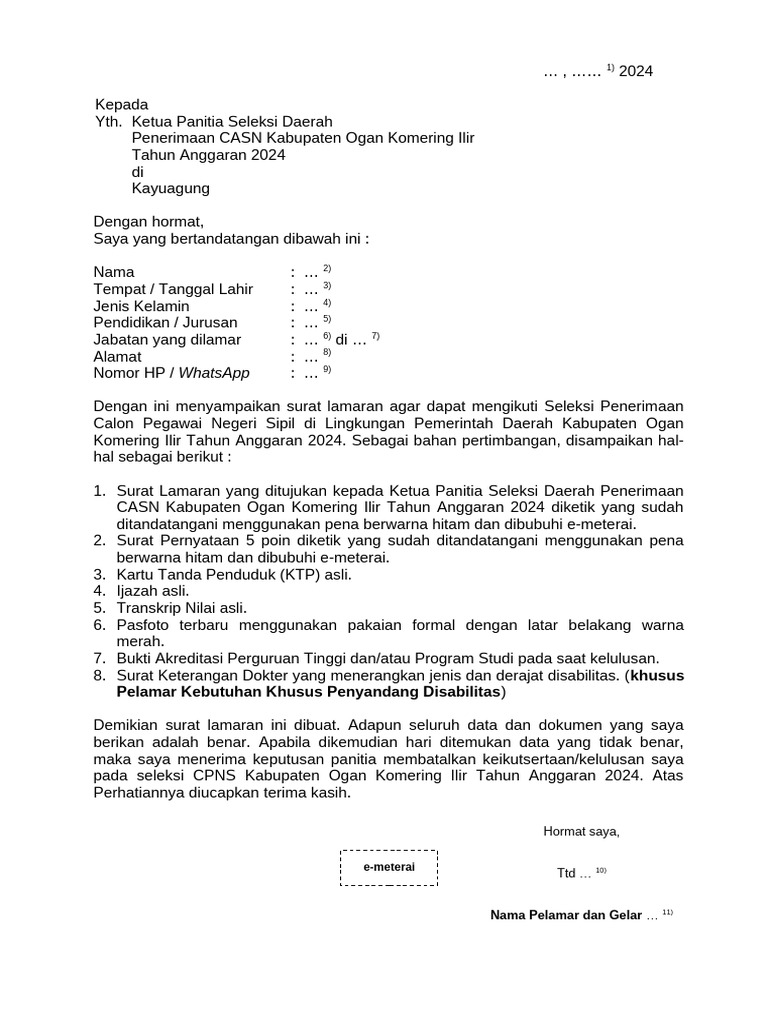 Surat Lamaran CPNS Pemkab. Ogan Komering Ilir TA 2024 | PDF