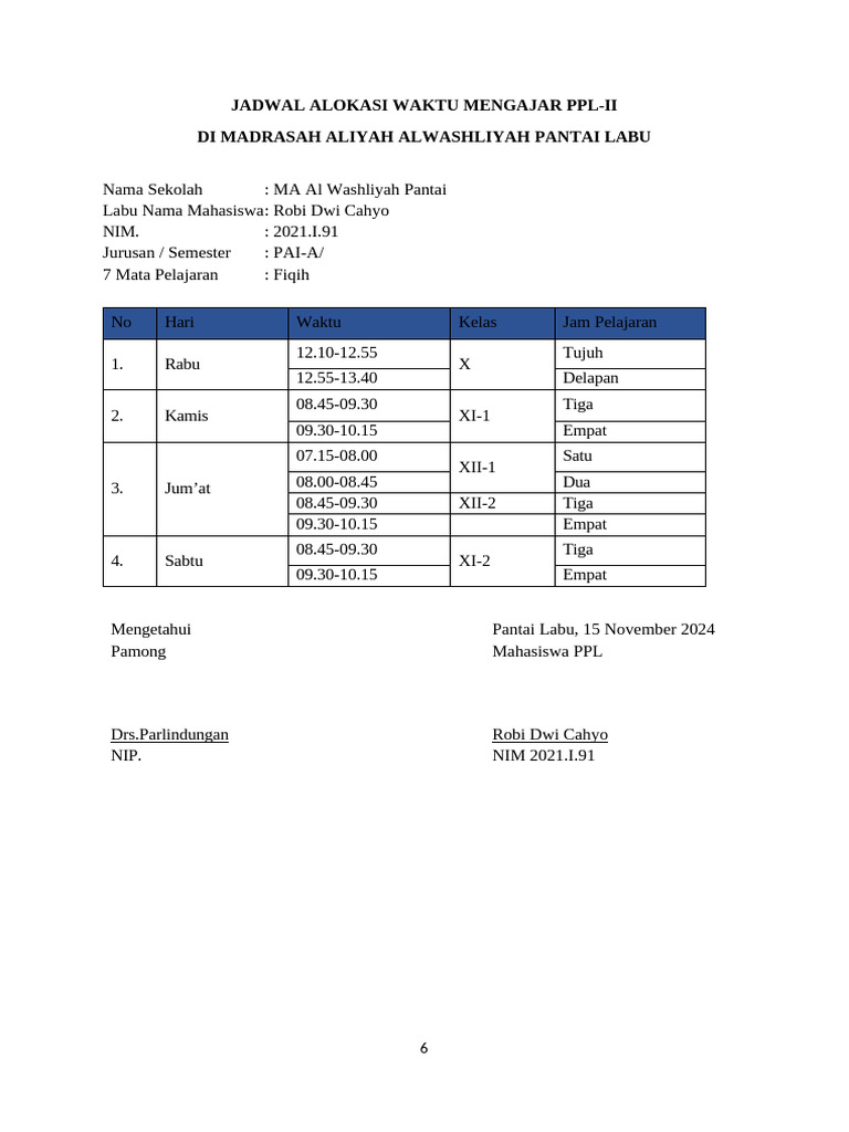 6- JADWAL ALOKASI WAKTU MENGAJAR PPL | PDF