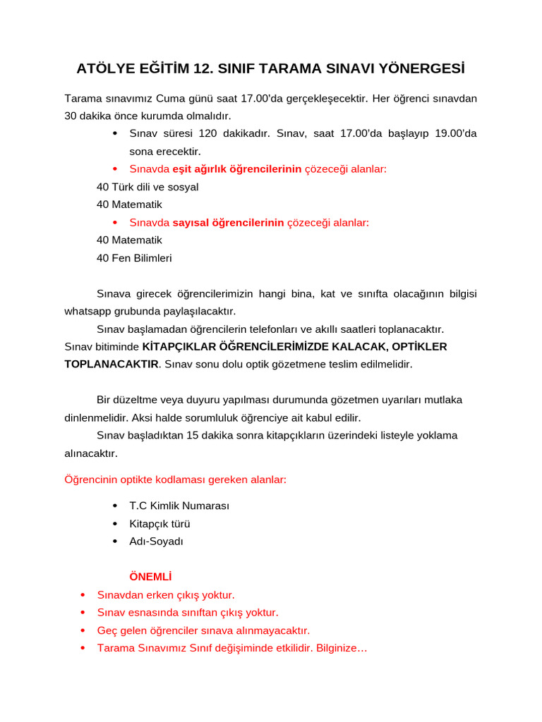 Tarama 12. Sinif Öğrenci̇ Yönergesi̇ | PDF