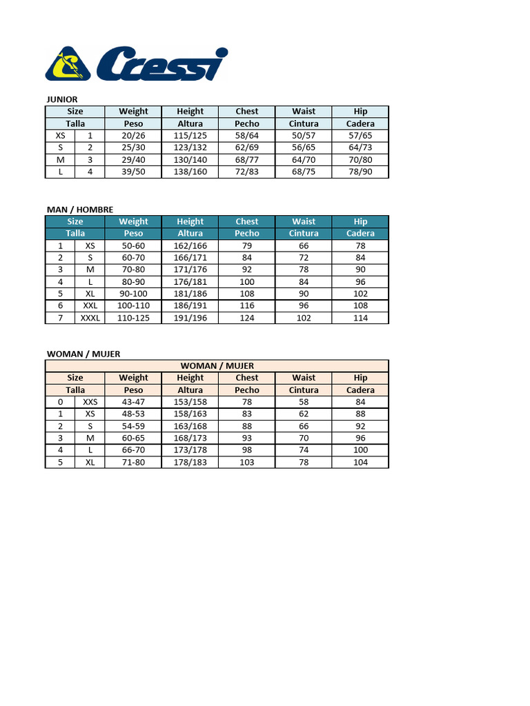 Eng Cressi Size Suit1 | PDF