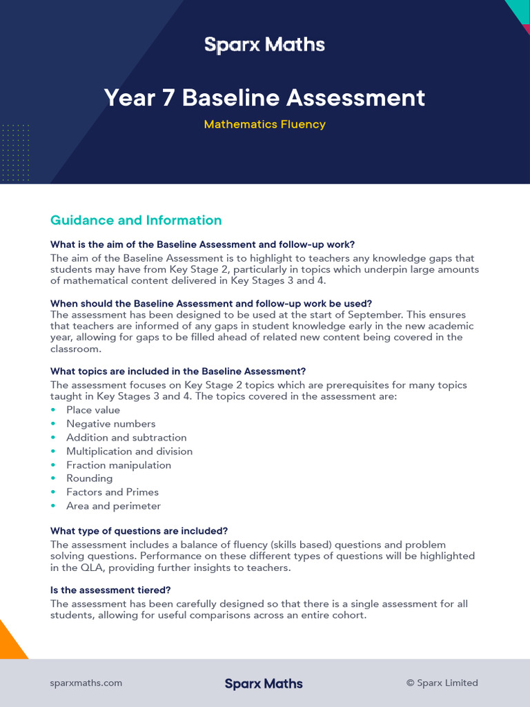 Year 7 Sparx Maths Baseline Assessment | PDF | Learning