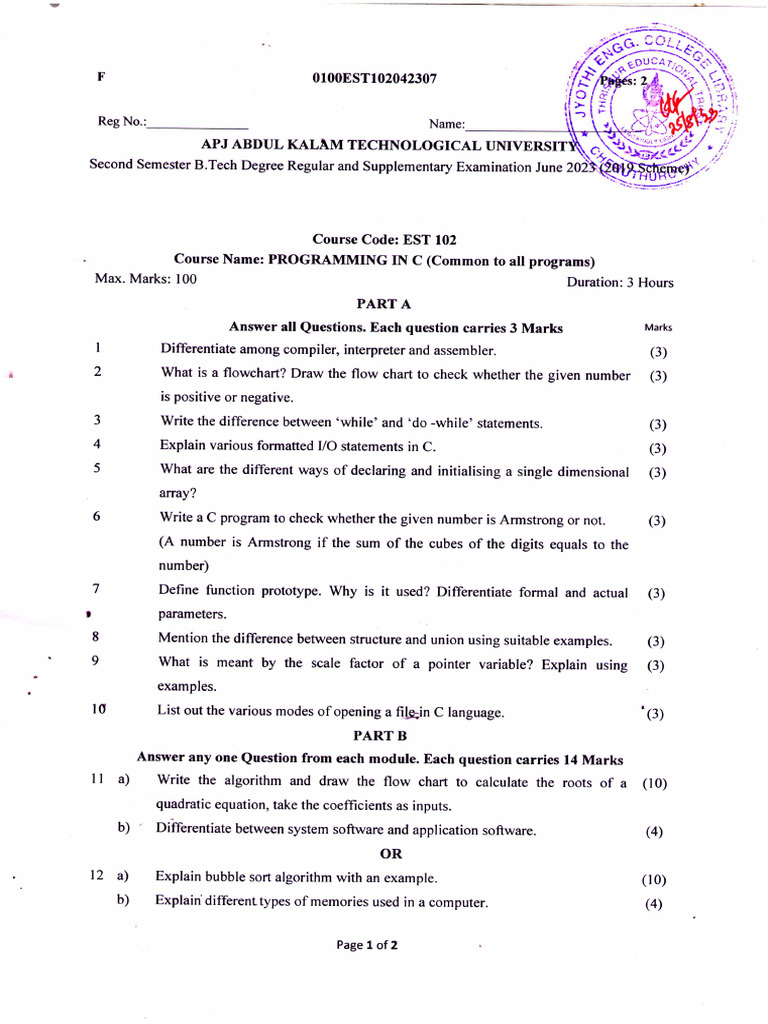 Est102 Programming in C, June 2023 | PDF | Computer Program | Programming