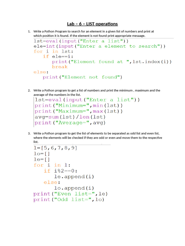 Lab 6 - List & Tuple Programs | PDF