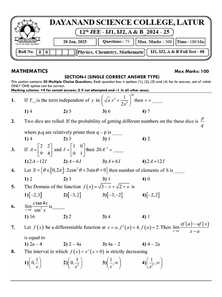 12th JEE Full Syllabus Test 08 | PDF