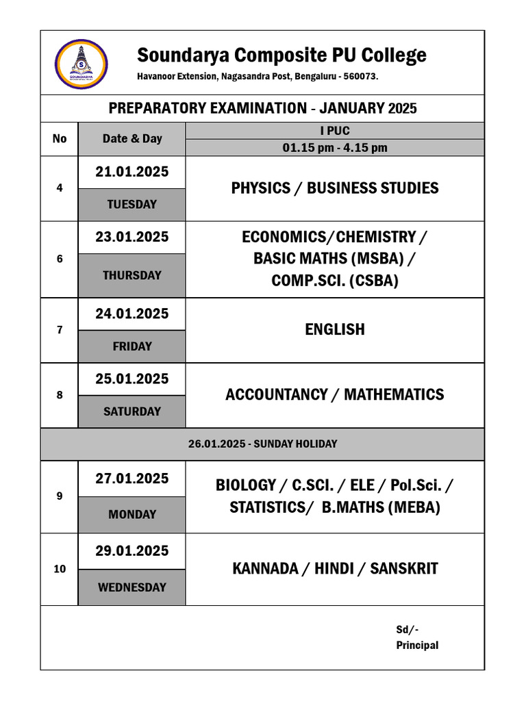 00 - Time Table - I PUC | PDF