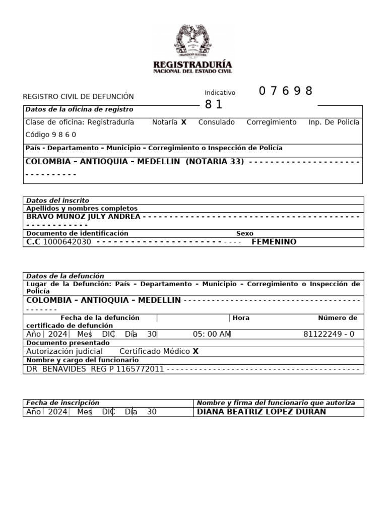 Modelo Registro Civil de Defuncion Colombia | PDF