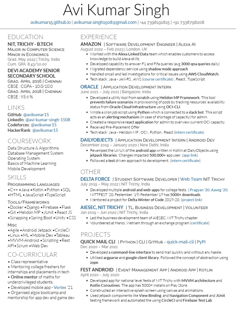 AviKumarSinghResume | PDF | Mobile App | Android (Operating System)