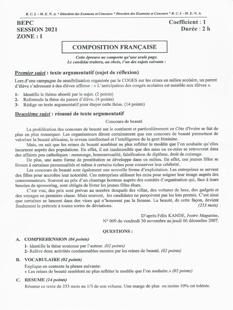Epreuve Bepc 2021 Composition Francaise Zone-1 | PDF