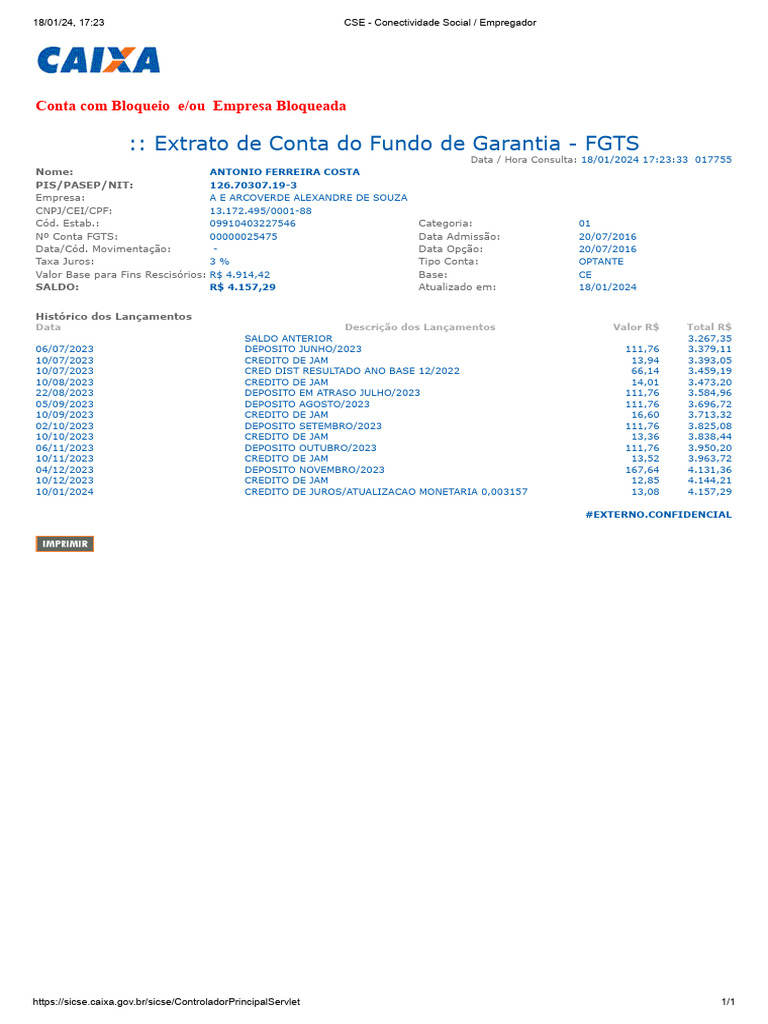 ANTONIO FERREIRA - EXTRATO FGTS | PDF | Business | Economias