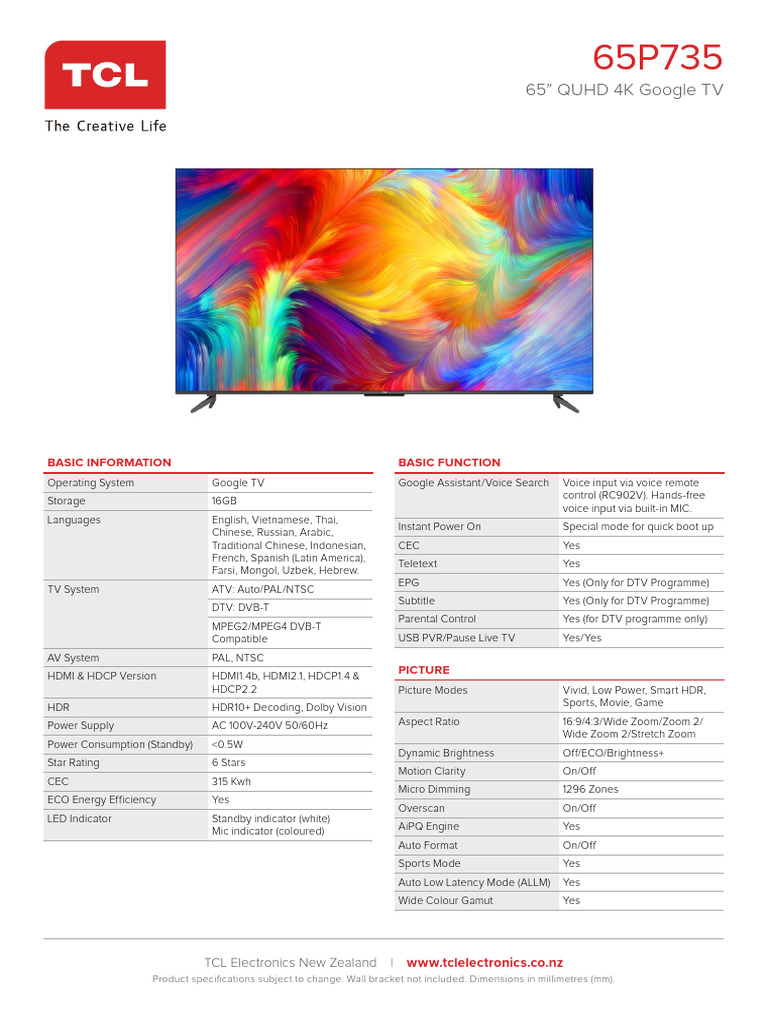65P735 Product Specifications NZ | PDF | Hdmi | Display Technology
