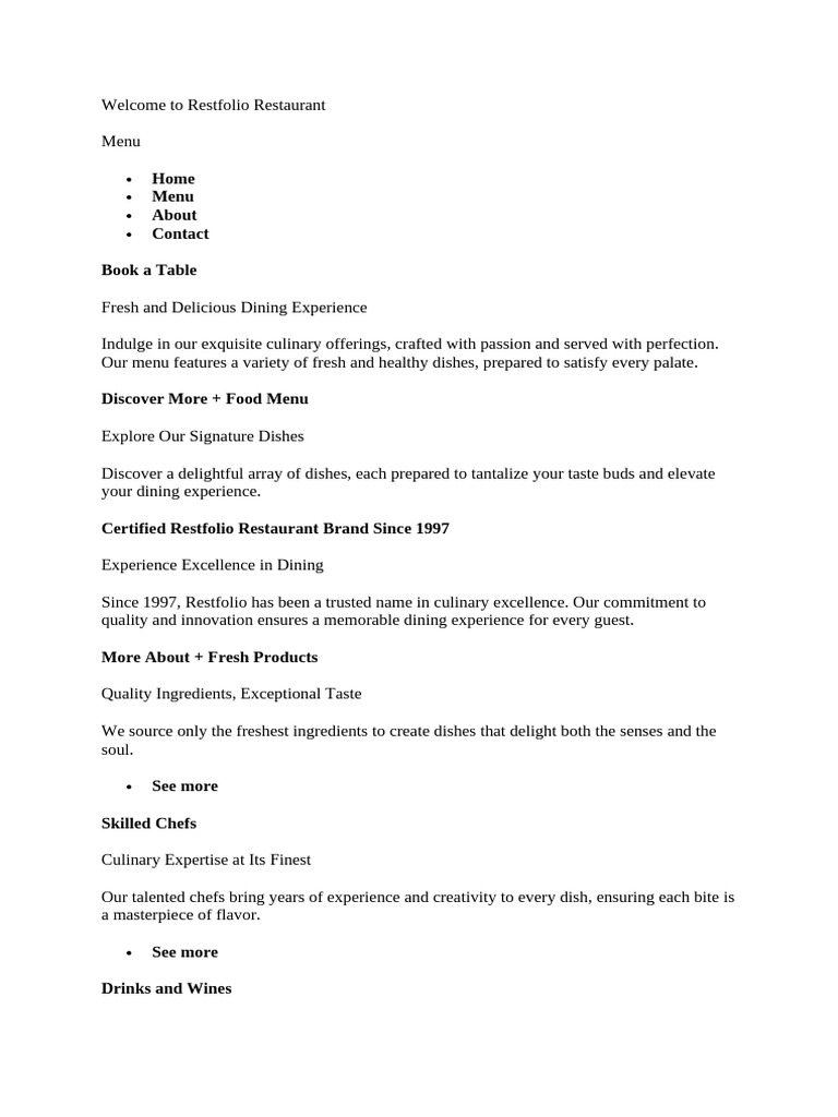 Restfolio Restaurant: Fine Dining Experience | PDF | Menu | Restaurants