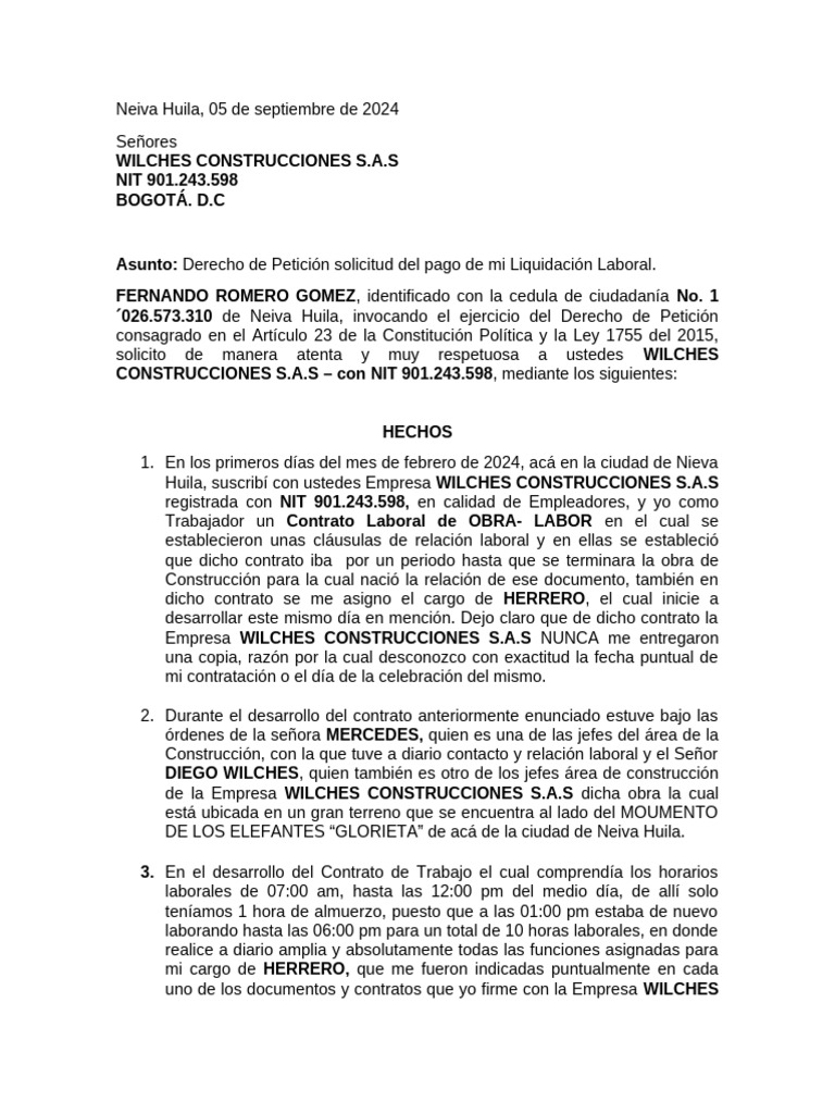 Solicitud Derecho de Petición Pago de Mi Liquidación. - Wilches ...