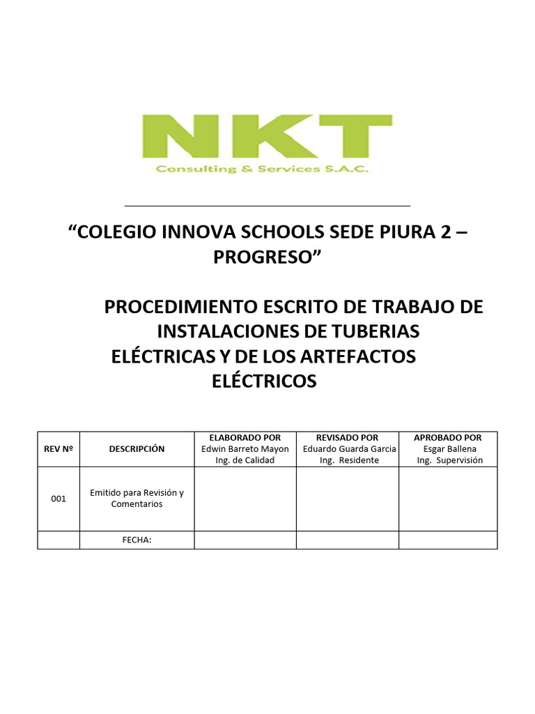 Procedimiento Escrito de Trabajo de Instalaciones Electricas | PDF | Enchufes y tomas de ...