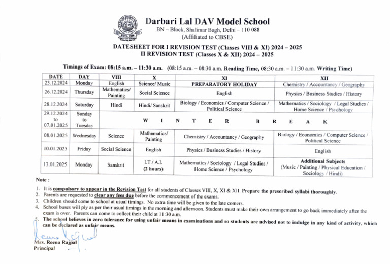 Revision Test Schedule 2024-2025 | PDF | Science
