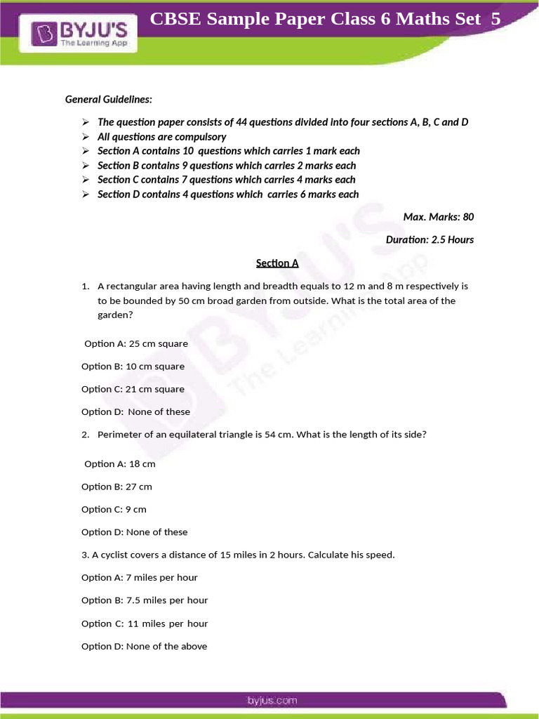 CBSE Sample Paper Class 6 Maths Set 5 | PDF | Area | Triangle