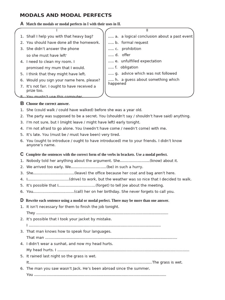 09 Modals and Modal Perfects - Worksheet | PDF | Syntax | Grammar