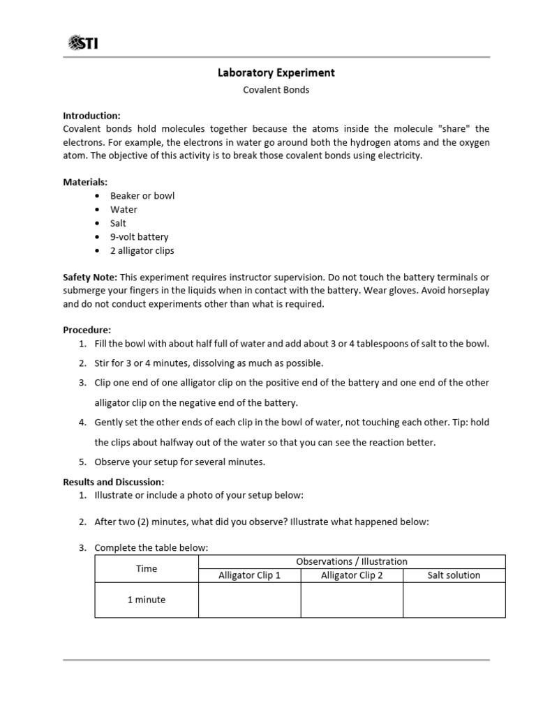 09 Laboratory Experiment 1 | PDF | Chemical Bond | Water