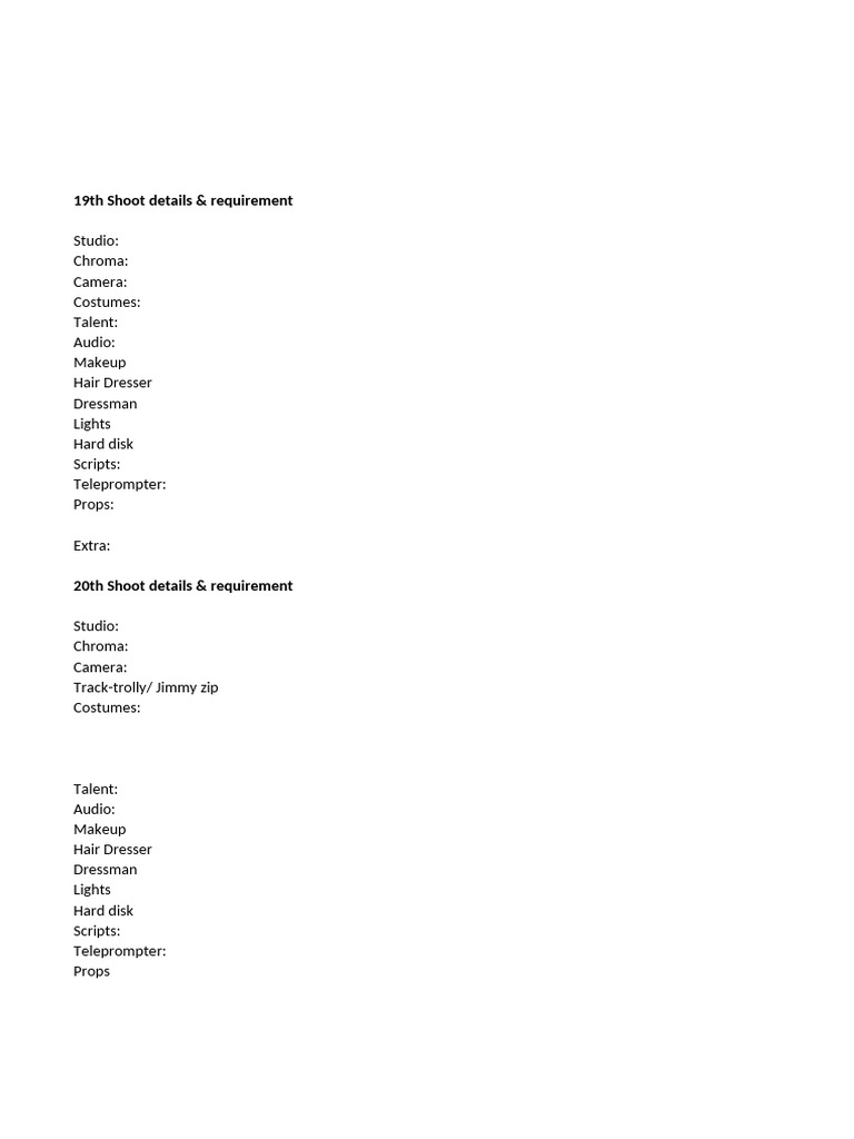 19th & 20th Shoot Requirements Overview | PDF