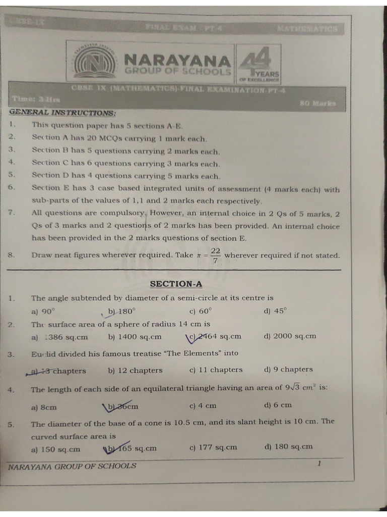 Class 9 Maths Paper 2023 2024 Final Pdf