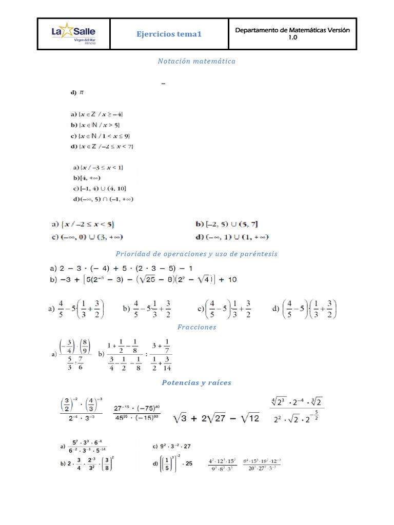 02_Tema1 Ejercicios de Fracciones, Potencias y Raices Sin Resolver | PDF | Números | Exponenciación