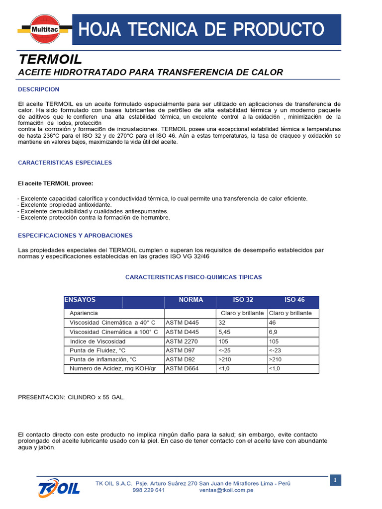 Aceite TERMOIL: Transferencia de Calor | PDF | Petróleo | Materiales