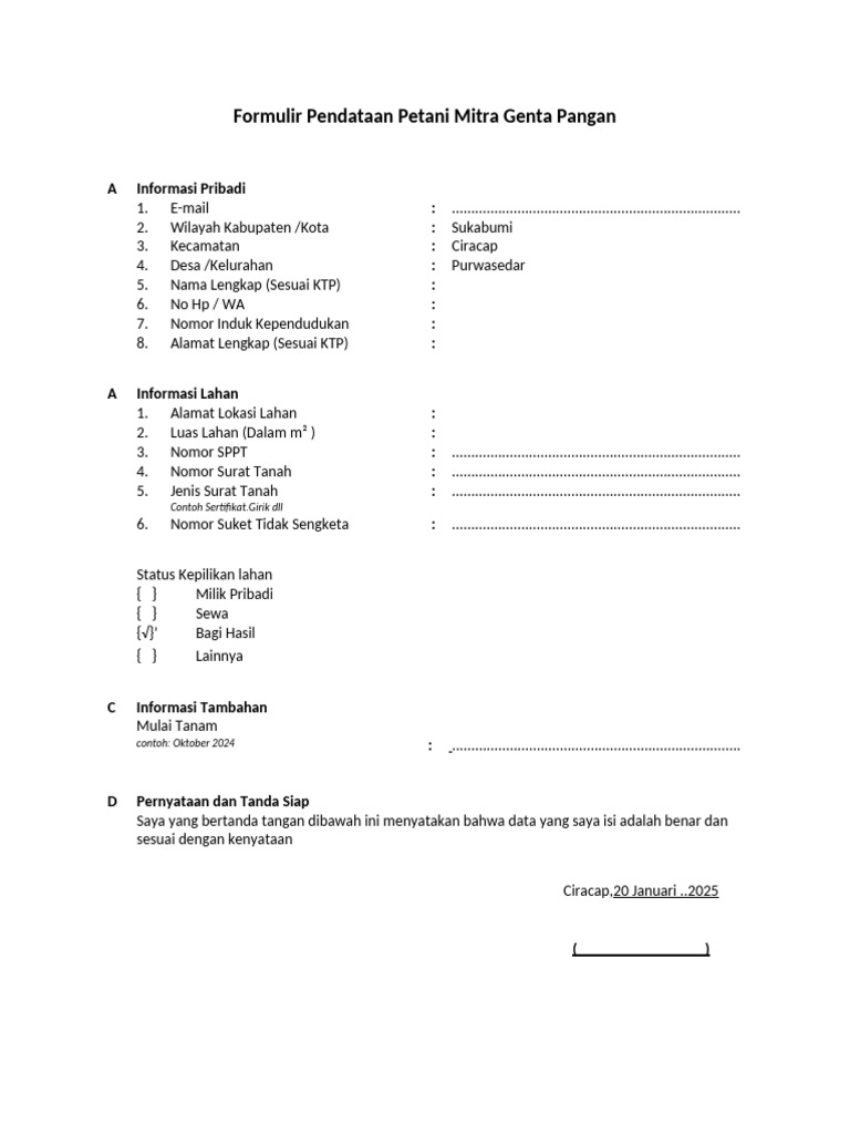 Formulir Pendataan Petani Mitra Genta Pangan | PDF