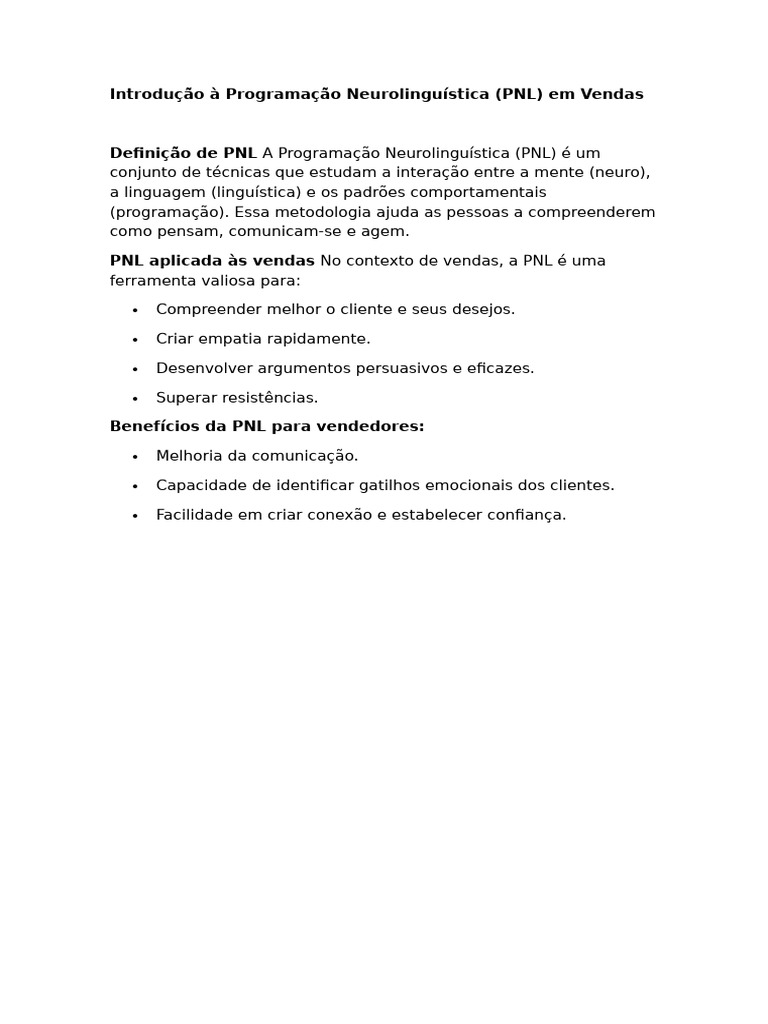 PNL em Vendas: Técnicas e Benefícios | PDF