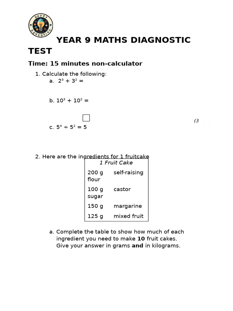Year 9 Maths Diagnostic Test (Standard) | PDF