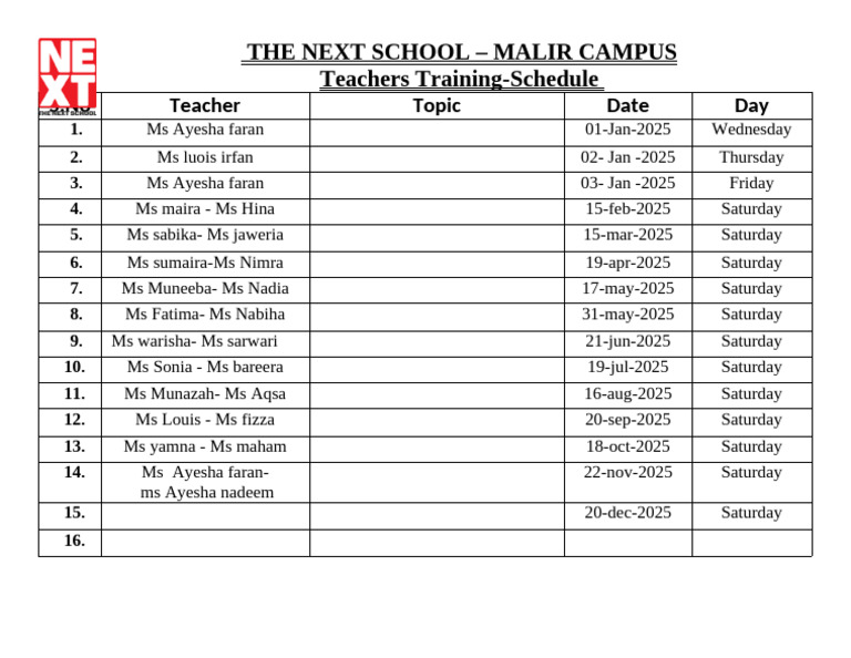 Teacher Training Schedule | PDF
