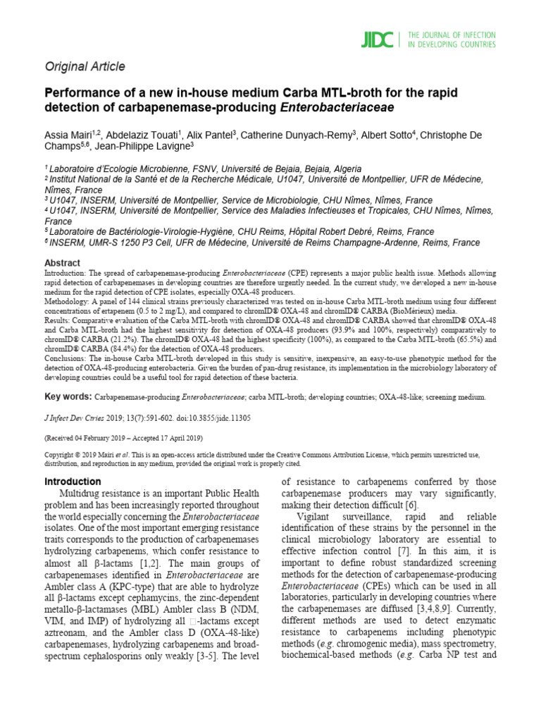 Performance of A New In-House Medium Carba MTL-broth For The Rapid ...