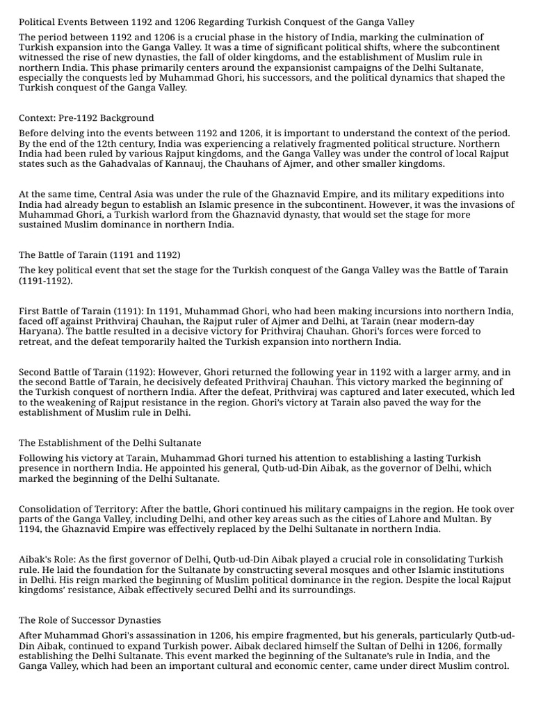 Turkish Conquest of Ganga Valley (1192-1206) | PDF | Delhi | Asia