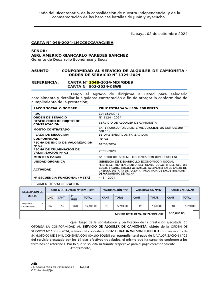 CARTA N° 048 - CONFORMIDAD CAMIONETA 02 | PDF