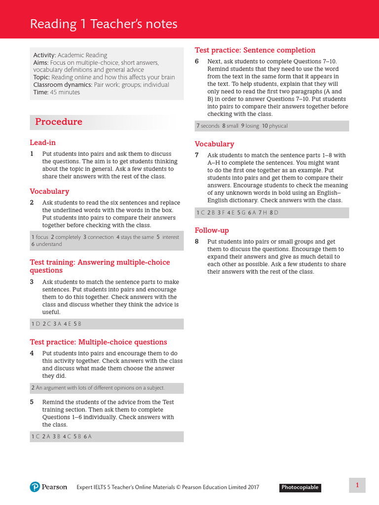 TPL 5 Reading 1 Teacher_s Notes | PDF | Multiple Choice | Human ...
