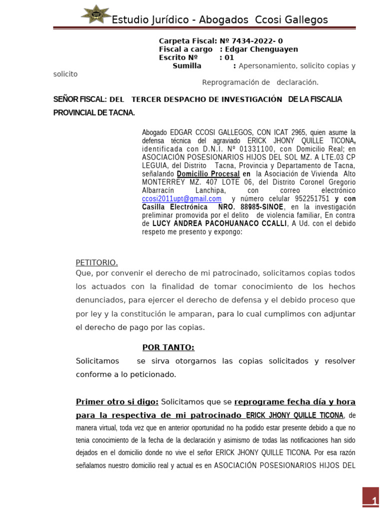 Apersonamiento Fiscalia Erick | PDF | Fiscal | Gobierno