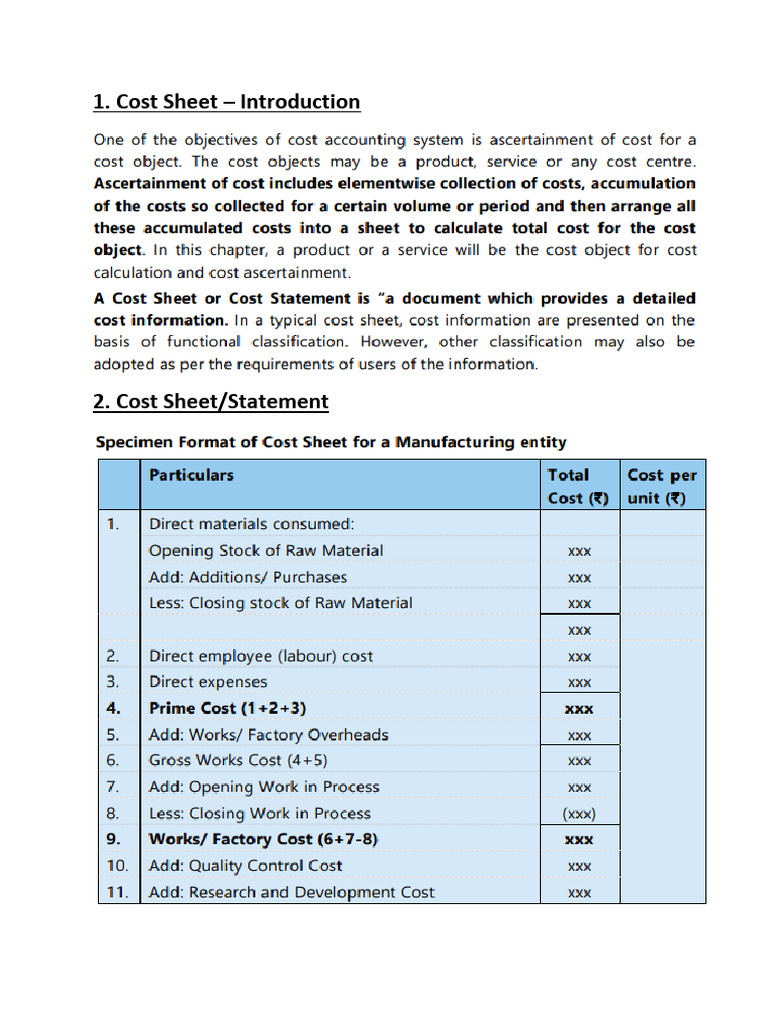 Cost Sheet | PDF