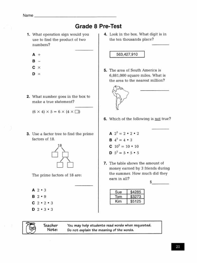 Math Pre-Test Grade 8 | PDF