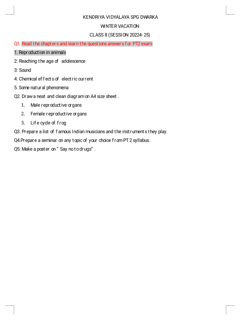Winter Break Home Work Class 8 | PDF