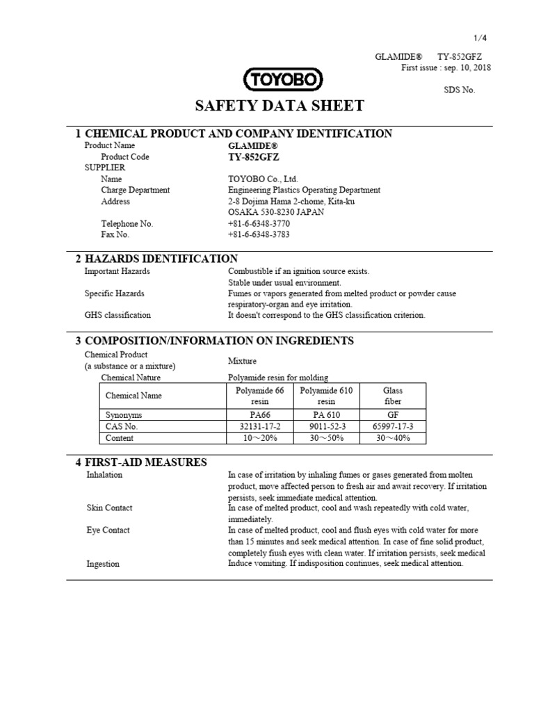 TY-852GFZ SDS-E (特例) 20180910 | PDF | Firefighting | Exhaust Gas
