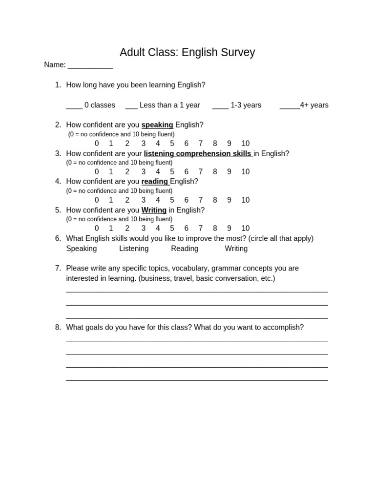 Adult Class - Experience Survey | PDF