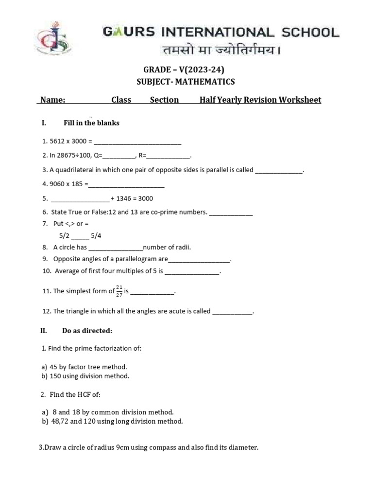GradeV Half Yearly Revision Worksheet | PDF