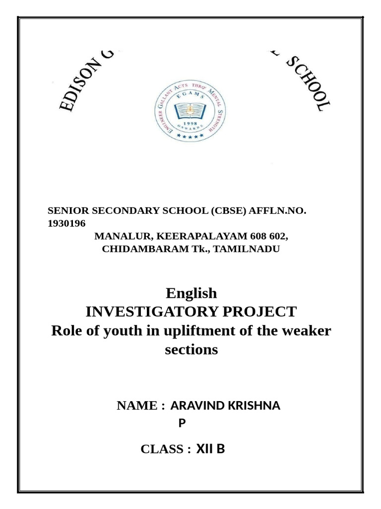 Chemistry Project Front Page - XII - B-2 | PDF | Cognition