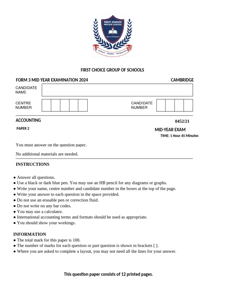 f3 Mid-Year Exam Accounting Paper 2 | PDF | Debits And Credits | Economies