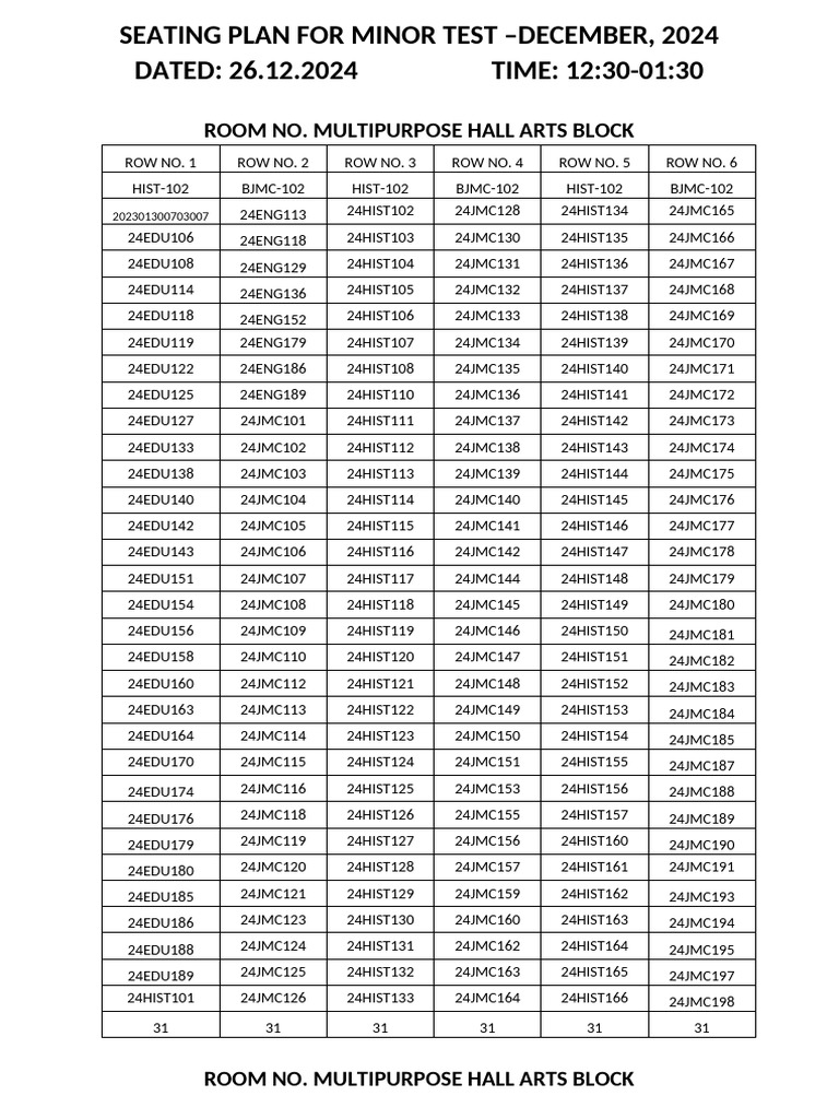 Seating Plan 26.12.2024 12.30-01.30 | PDF