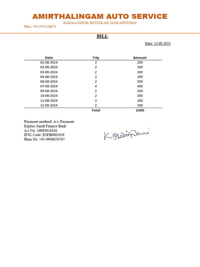 Amirthalingam Auto Service Bill Summary | PDF