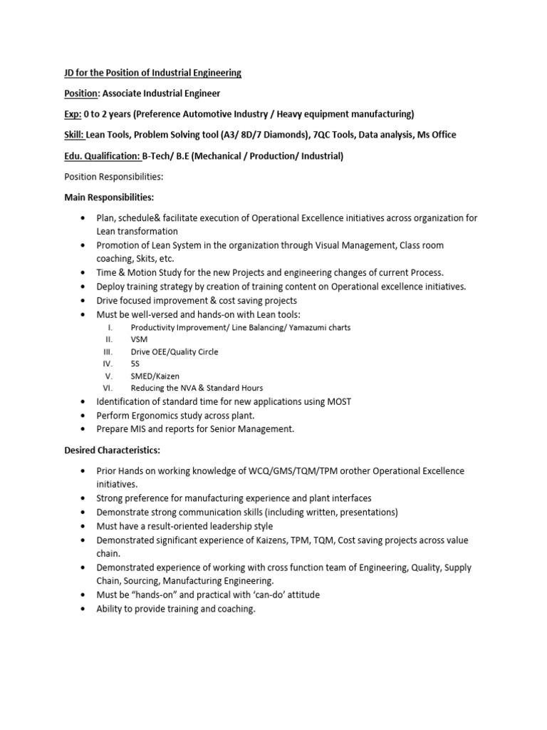 Associate Industrial Engineer JD | PDF